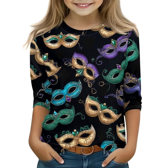 Kids Mask Print 3/4 Sleeve Shirts Girls Party Tunic Crew Neck Tops ...