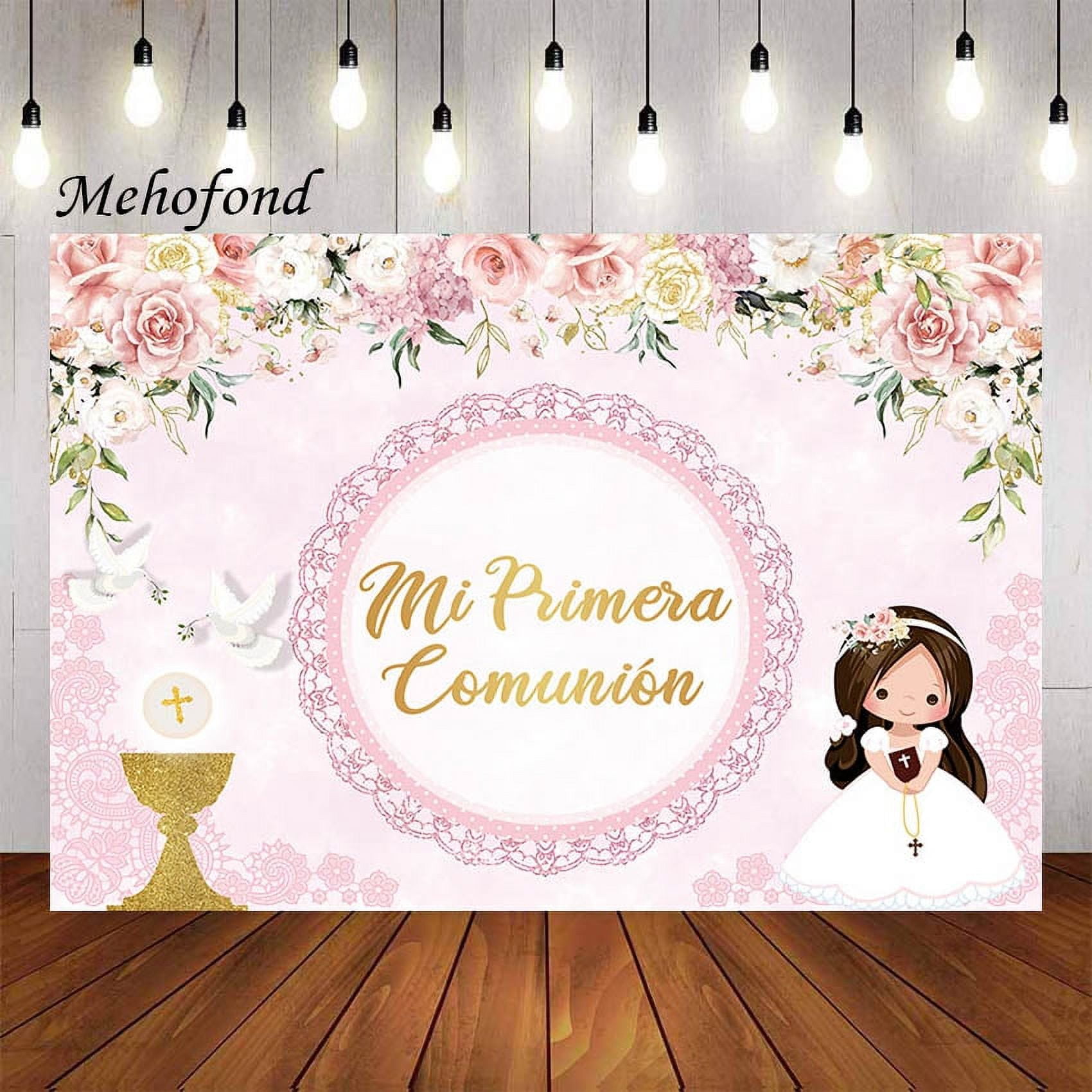Kids Mi Primera Comunion Baptism Christening Floral God Bless Party r ...