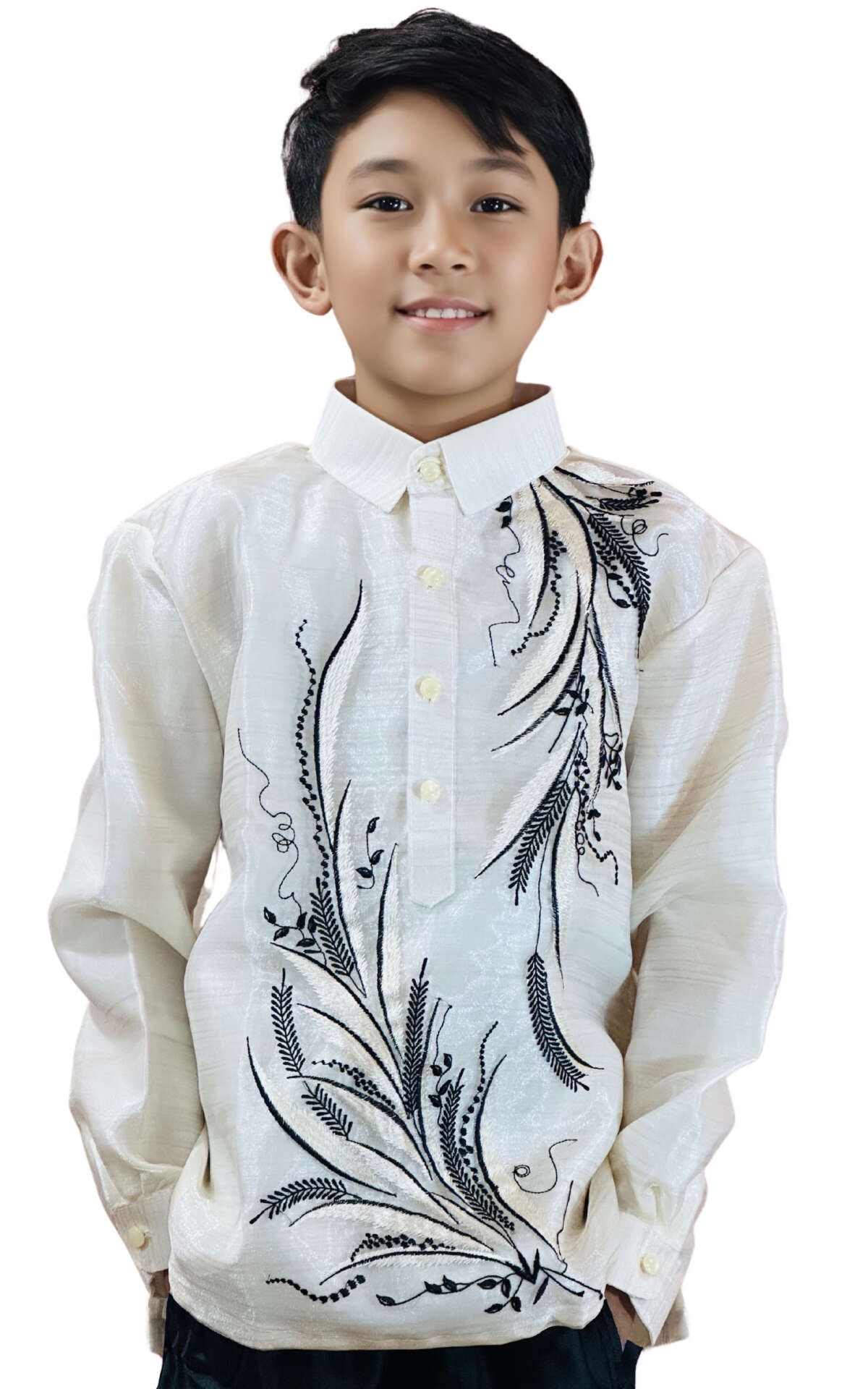 Kids Modern Feather White Barong Tagalog with Black Embroidery ORDER US SIZE (6/7, littlekid ...