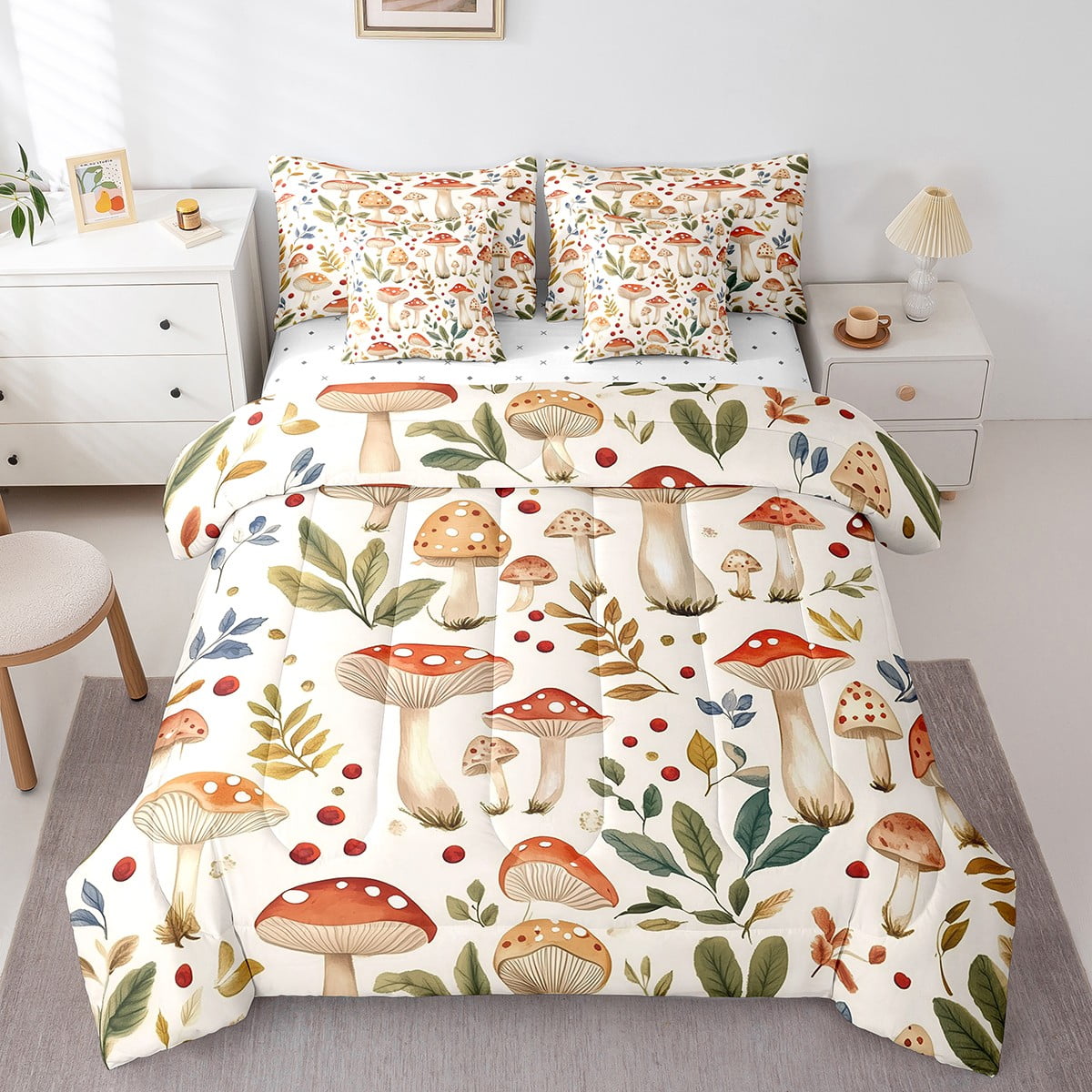 Kids Mushroom Bedding Sets 7 Piece Natural Fungus Bed in a Bag Full Teen Botanical Plants ...