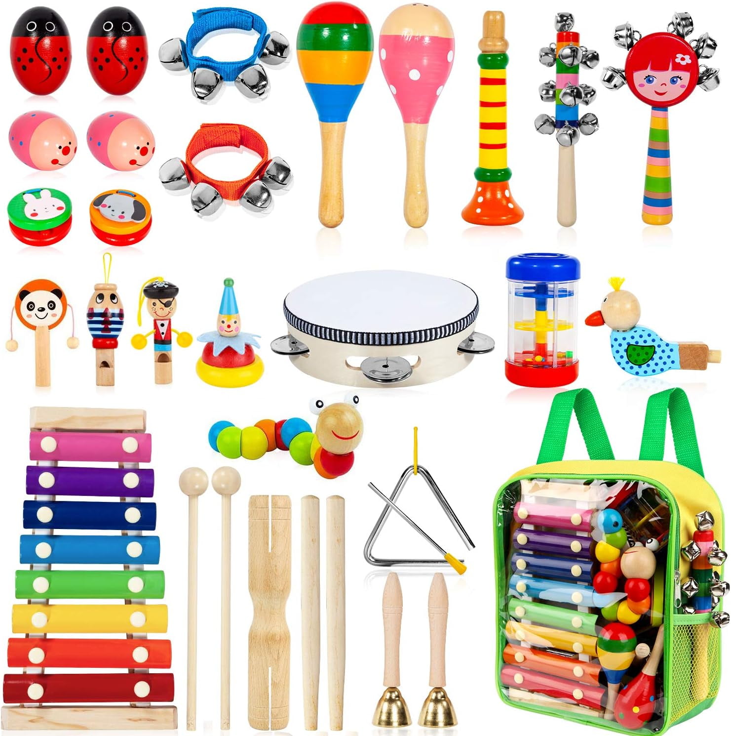 Kids Musical Instruments, 33Pcs 18 Types Wooden Percussion Instruments Tambourine Xylophone Toys ...
