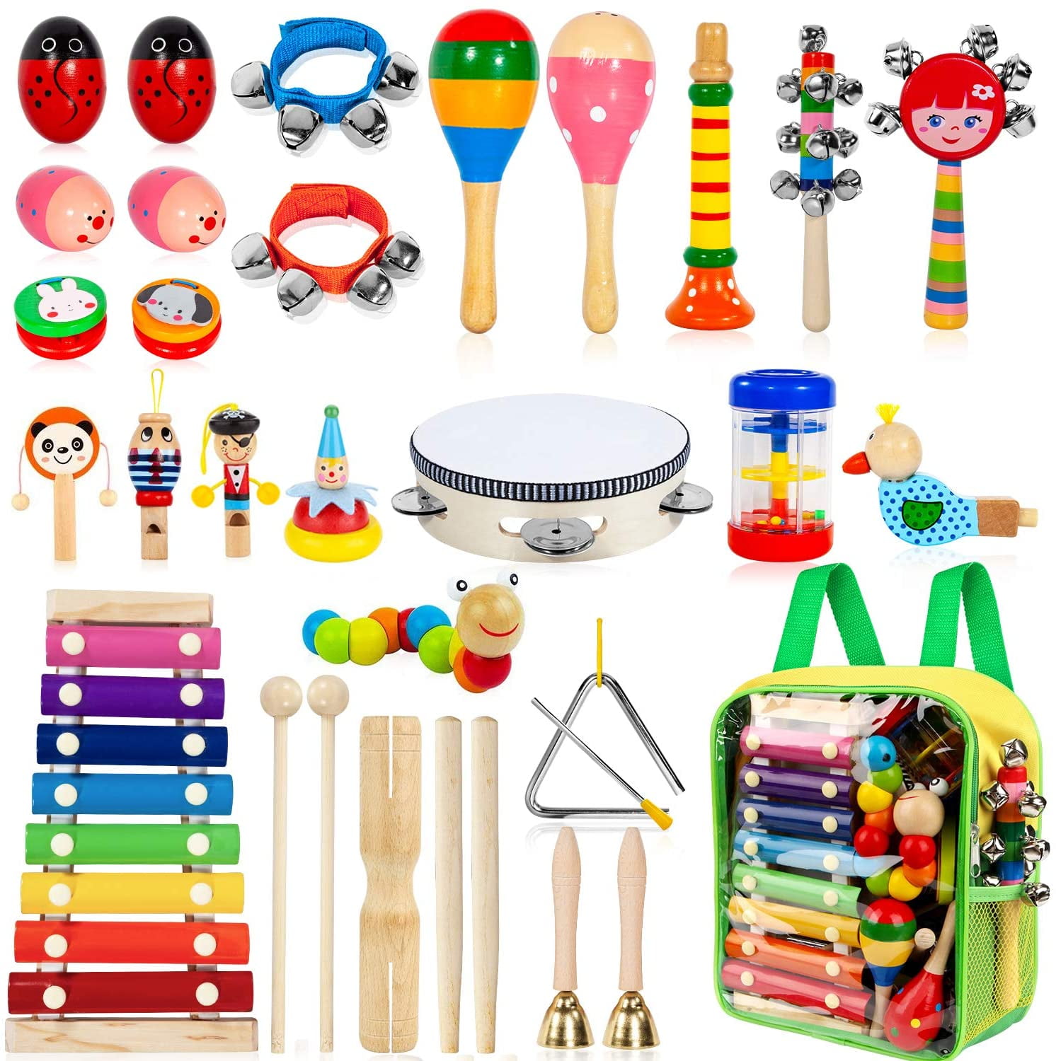 Kids Musical Instruments, 33Pcs 18 Types Wooden Percussion Instruments ...