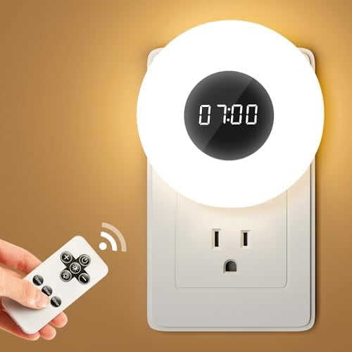 Kids Night Light Plug in with Clock, Dimmable+3 Light Colors+Remote ...