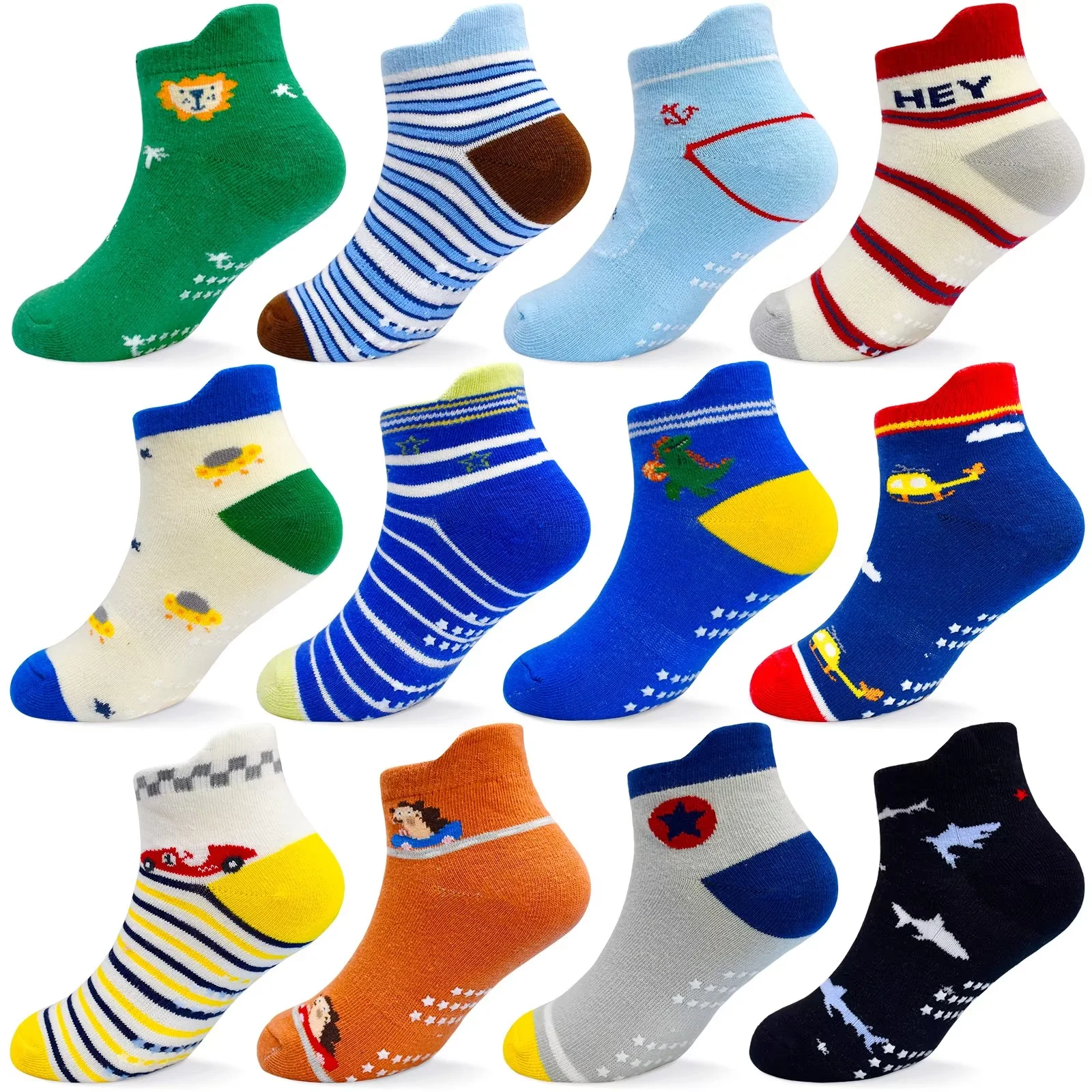 Kids Non Slip Socks Grip Ankle Sticky Toddler Socks 12 Pairs for 1-3/3-5/5-7 Years Old Boys ...