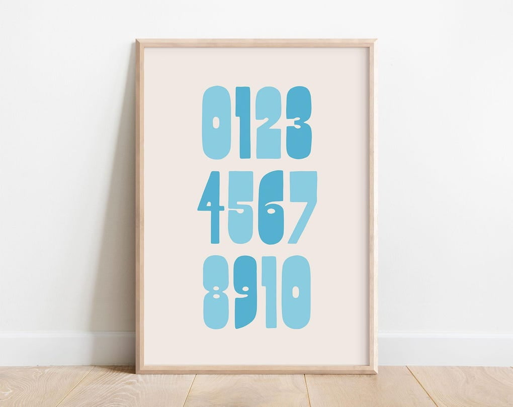 Kids Number Poster, Colorful Wall Art, Bold Nursery Decor, Bright Blue ...