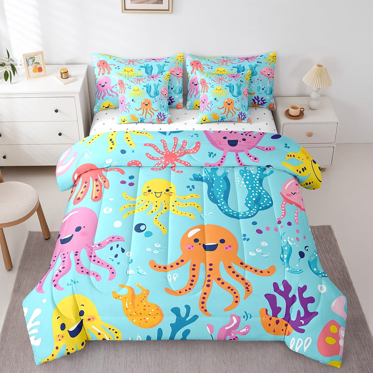 Ocean Animal Comforter Set Queen Cartoon Octopus Bed In A Bag 7 Piece ...
