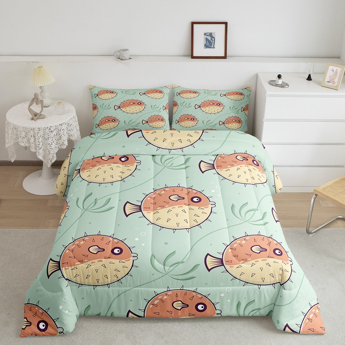 Ocean Life Bedding Queen Size,Funny Pufferfish Bedding Comforter Sets ...