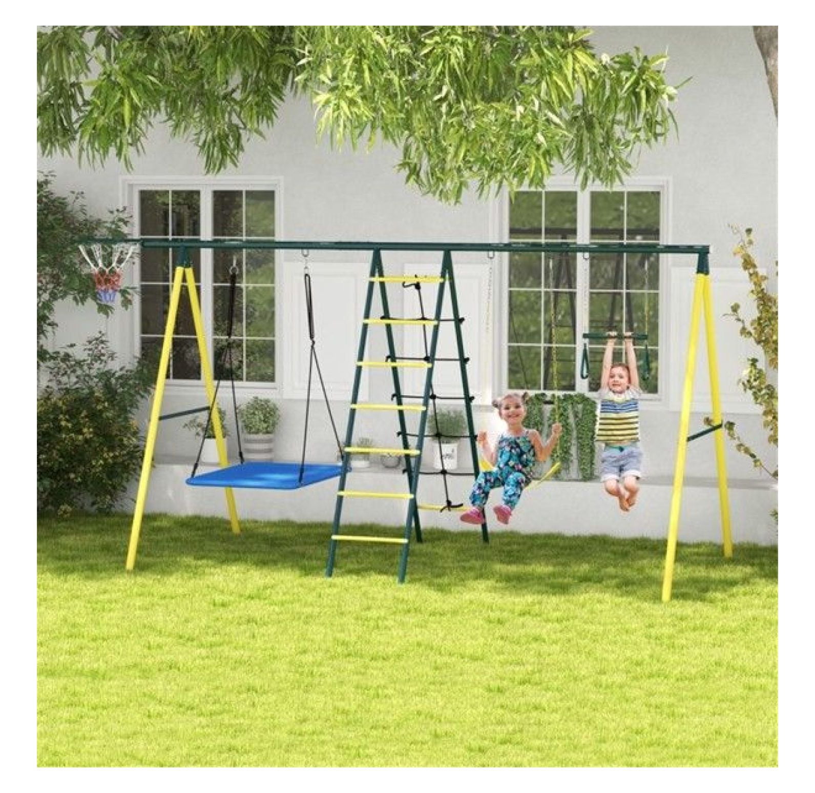 Kids Outdoor Playground Set - 7 in 1 Set with Basketball Hoop ...