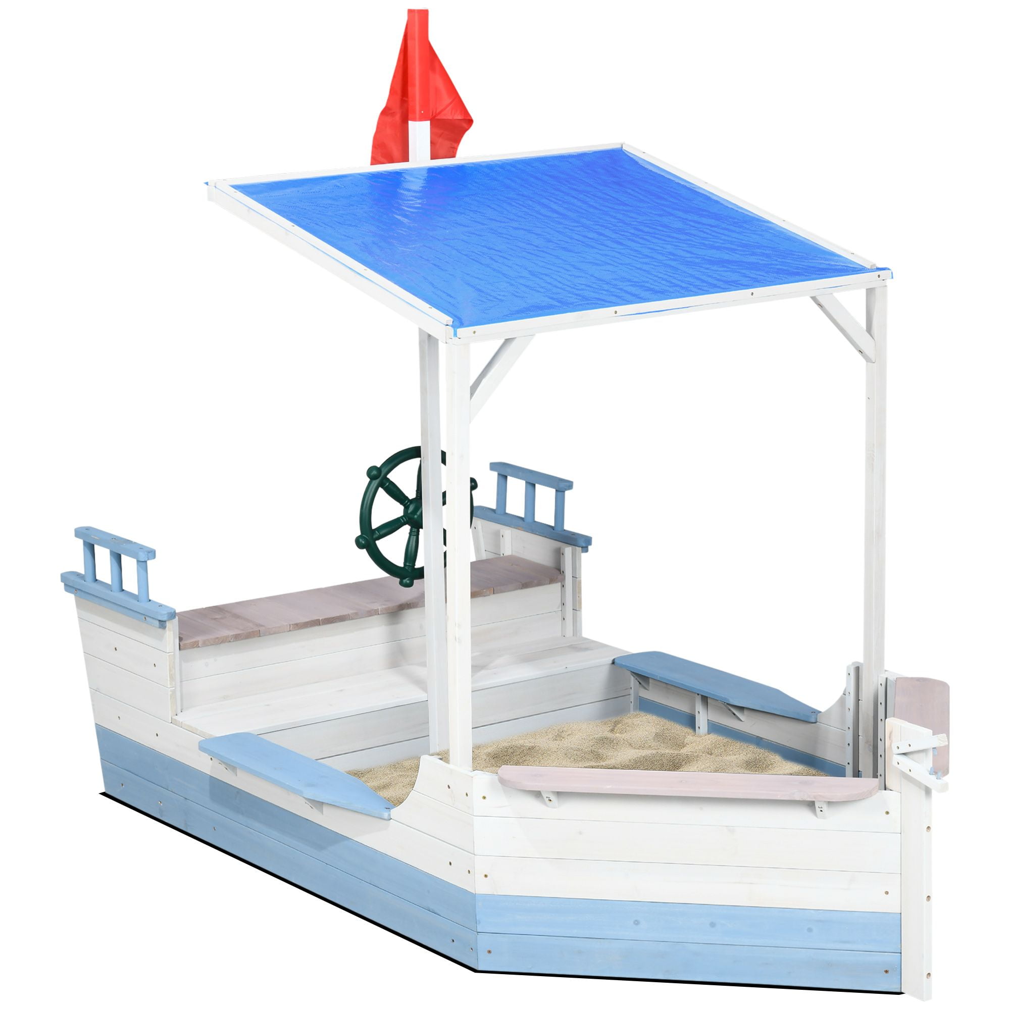 Kids Outdoor Sandbox, Blue Sandboat Design with Bench Seats and UV ...