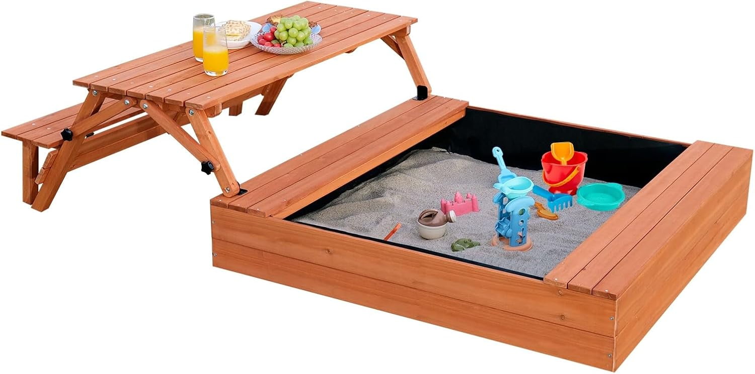 Kids Outdoor Sandbox Wooden Sand Pit with Foldable Picnic Table ...