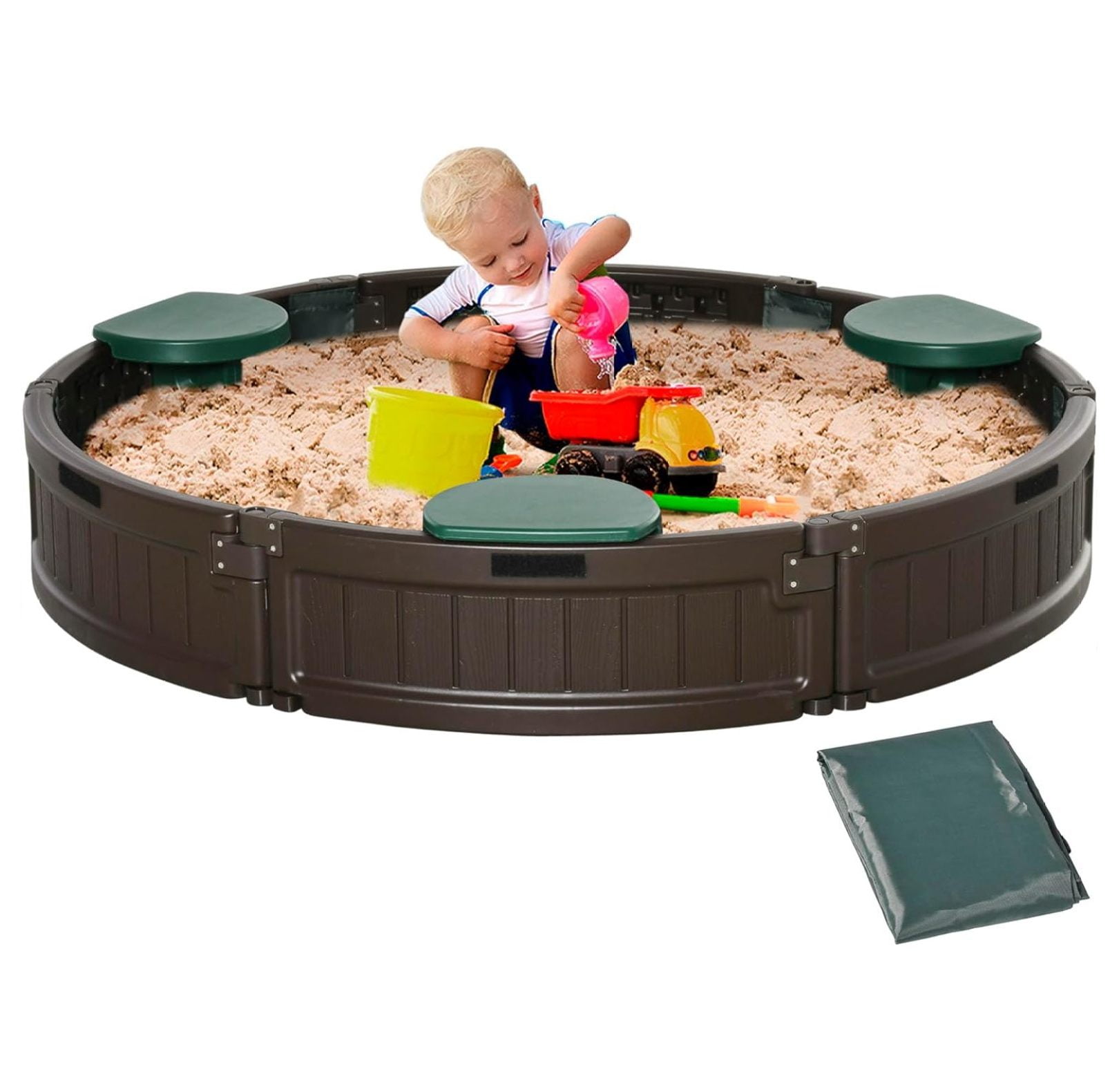 Kids Outdoor Sandbox with Cover, Round Sand Pit for Backyard, Easy ...