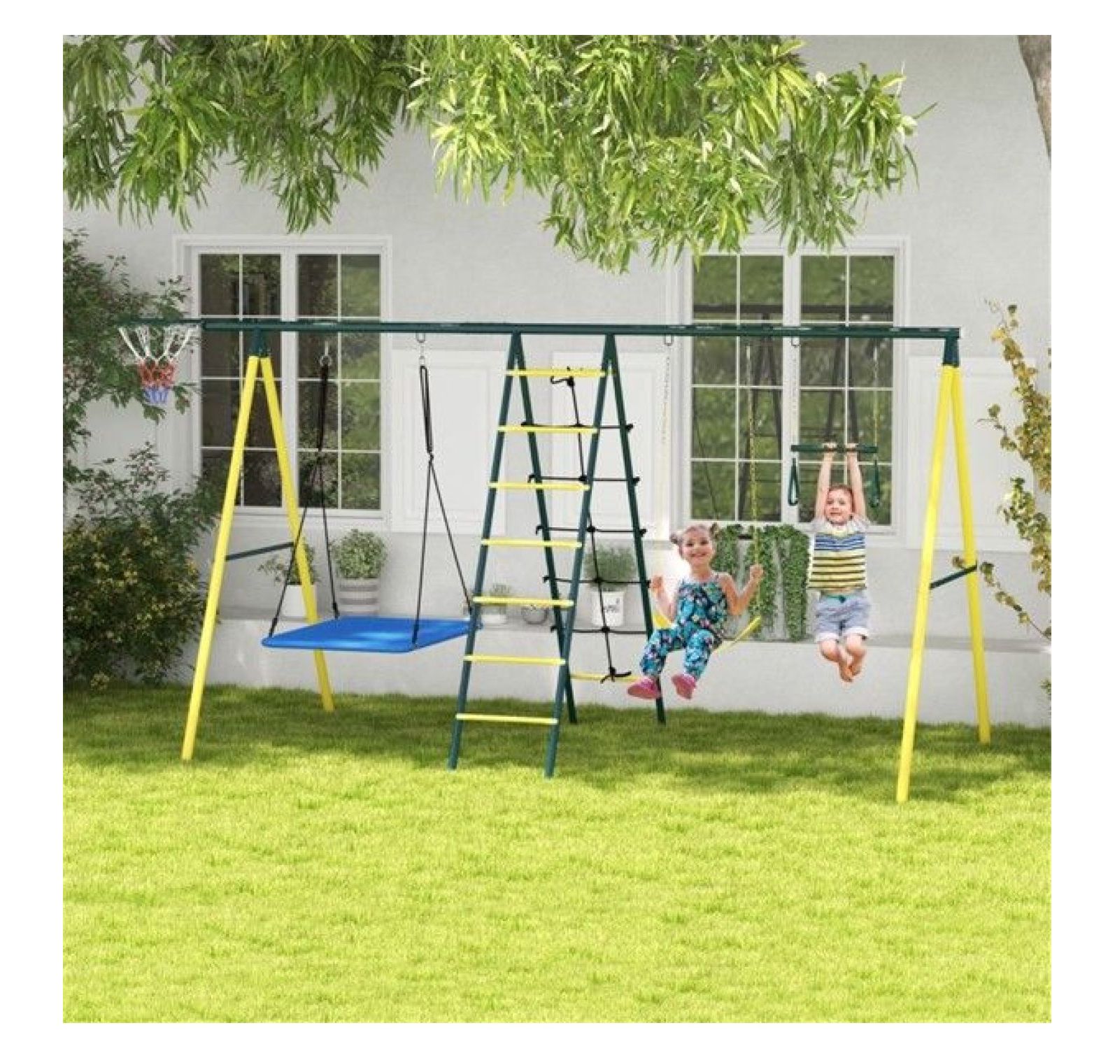 Kids Outdoor Swing Set - 6-in-1 Play Set w/ Nest Swing, Basketball Hoop ...