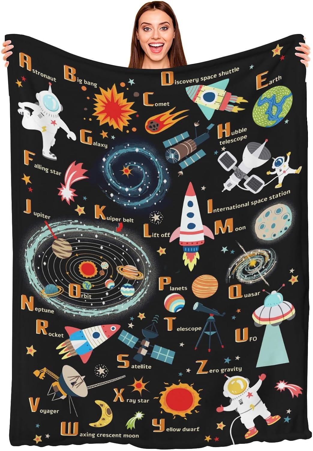 Kids Outer Space Alphabet Educational Throw Blanket, ABC Learning ...