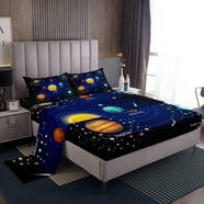 Golden Linens Multicolor Navy Blue Solar System Space Ships & Rockets ...