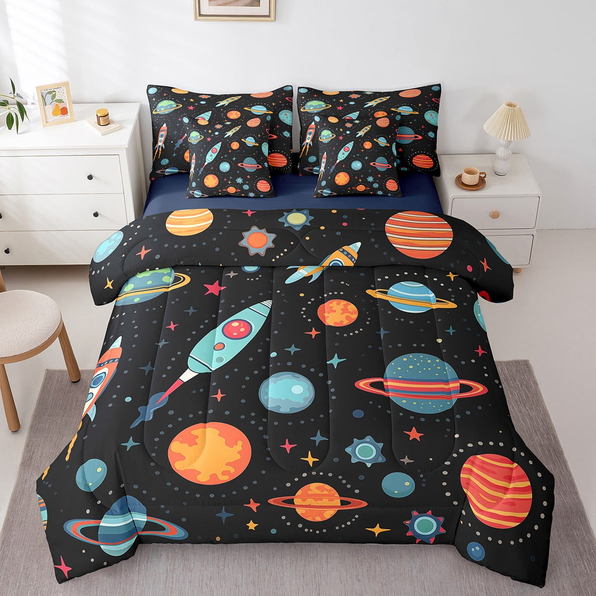 Outer Space Full Size Comforter Set 7 Piece,Rocket Universe Bed in a ...