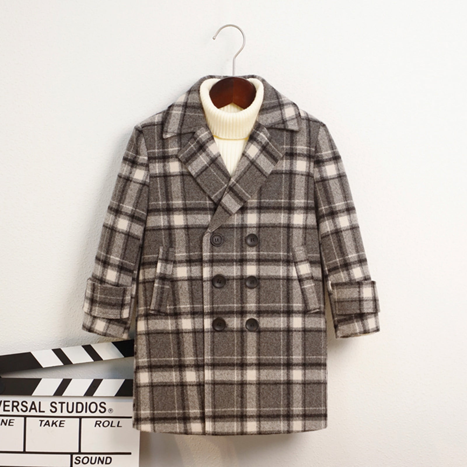 Kids Outerwear Coats Boy's Wool Double Trench Jacket Warm Plaid Peacoat ...