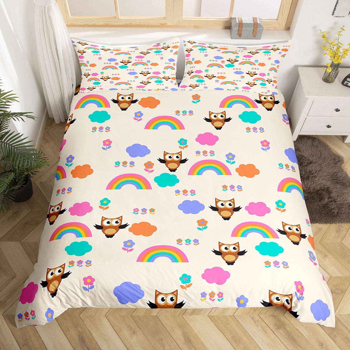Kids Owl Bed Set for Boys Girls Flower Duvet Cover Twin Size, Kawaii ...