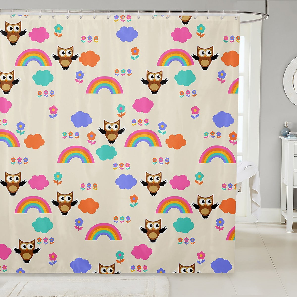 Owl Shower Curtain Flower Bathroom Curtain, Kawaii Owls Bath Curtain ...