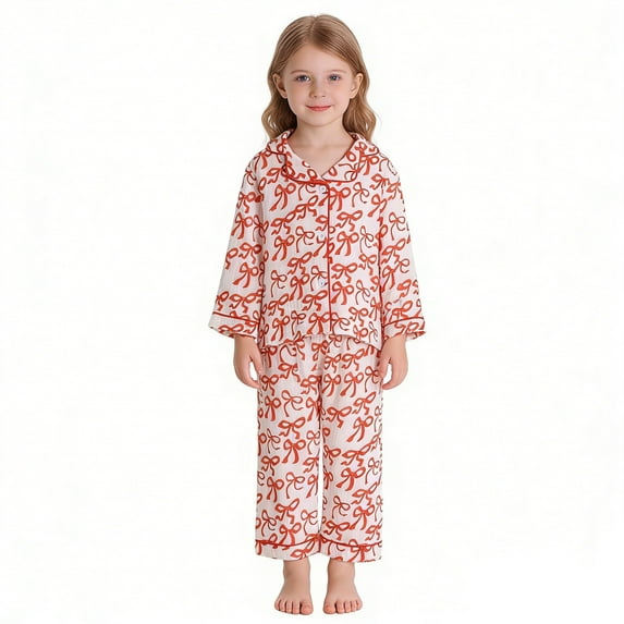 Kids Pajama Valentines Day Pajama Long Sleeve Bow Button Down Sleepwear ...