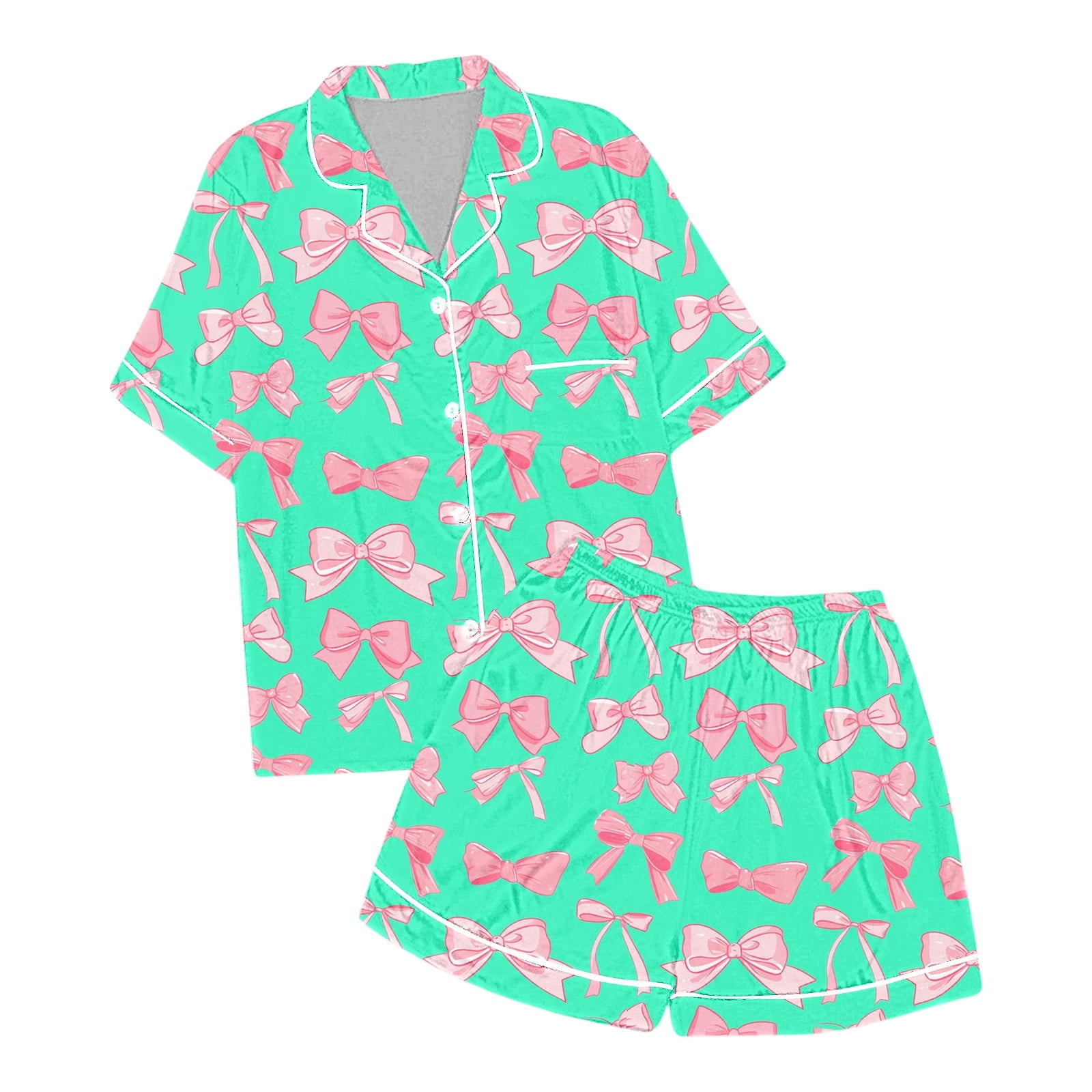 Kids Pajamas Set Silk Satin Bow Tie Printed 2 Piece Short Sleeve Button ...