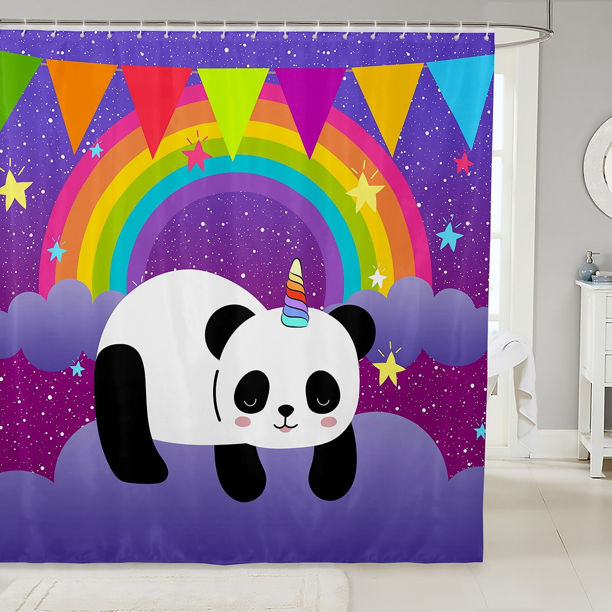 Panda Bathroom Accessories 84.00"x72.00" Fabric Shower Curtain Cartoon Kawaii Galaxy Stars ...