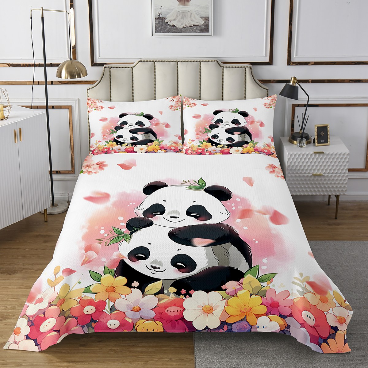 Kids Panda Bedspread Set Colorful Floral Cherry Blossoms Quilt Set Cute ...