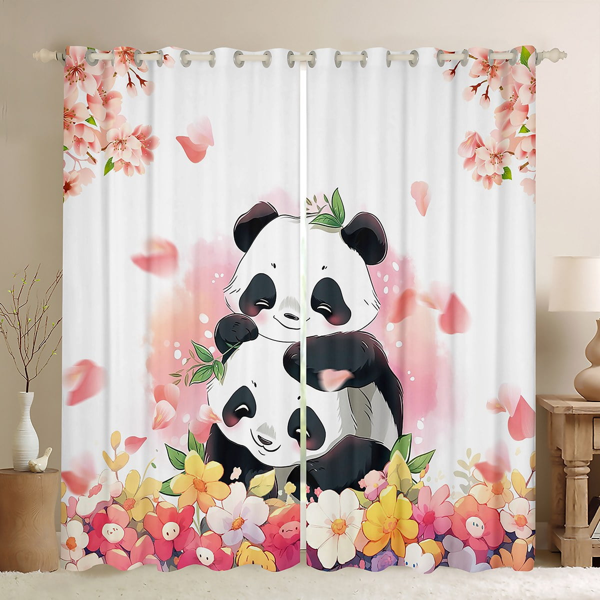 Kids Panda Curtains Colorful Floral Cherry Blossoms Blackout Curtains ...