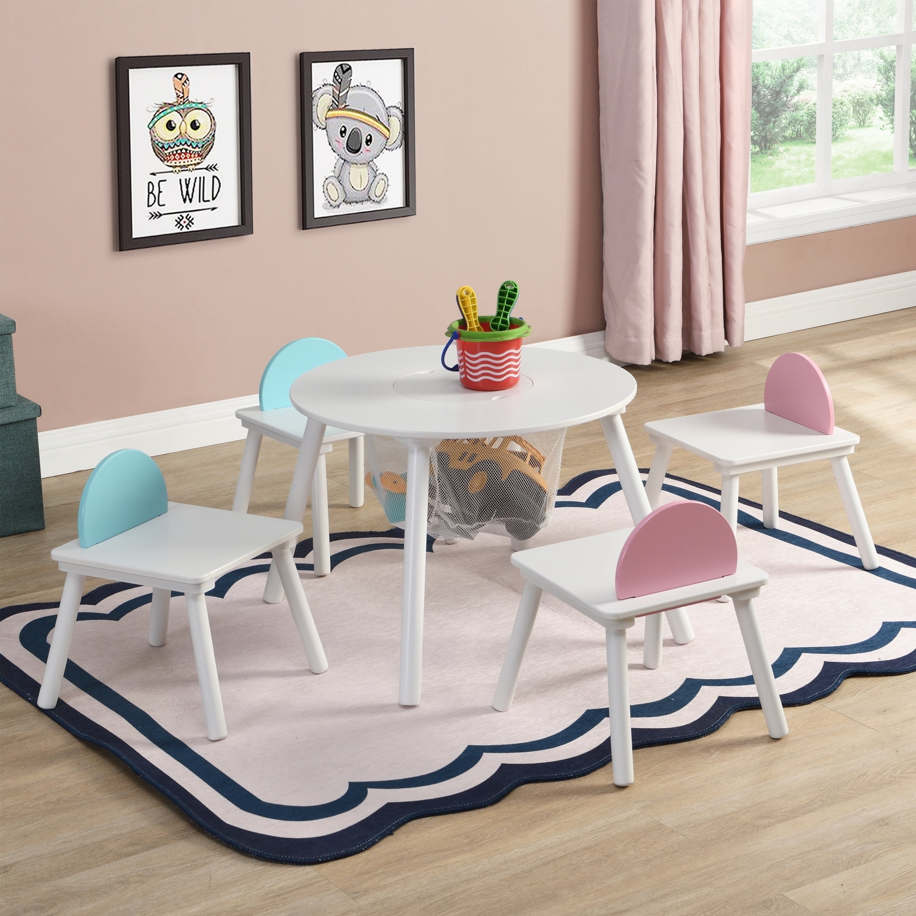 Kids Panel Table Set, Toddler Table with 4 Chairs, Children's Furniture ...