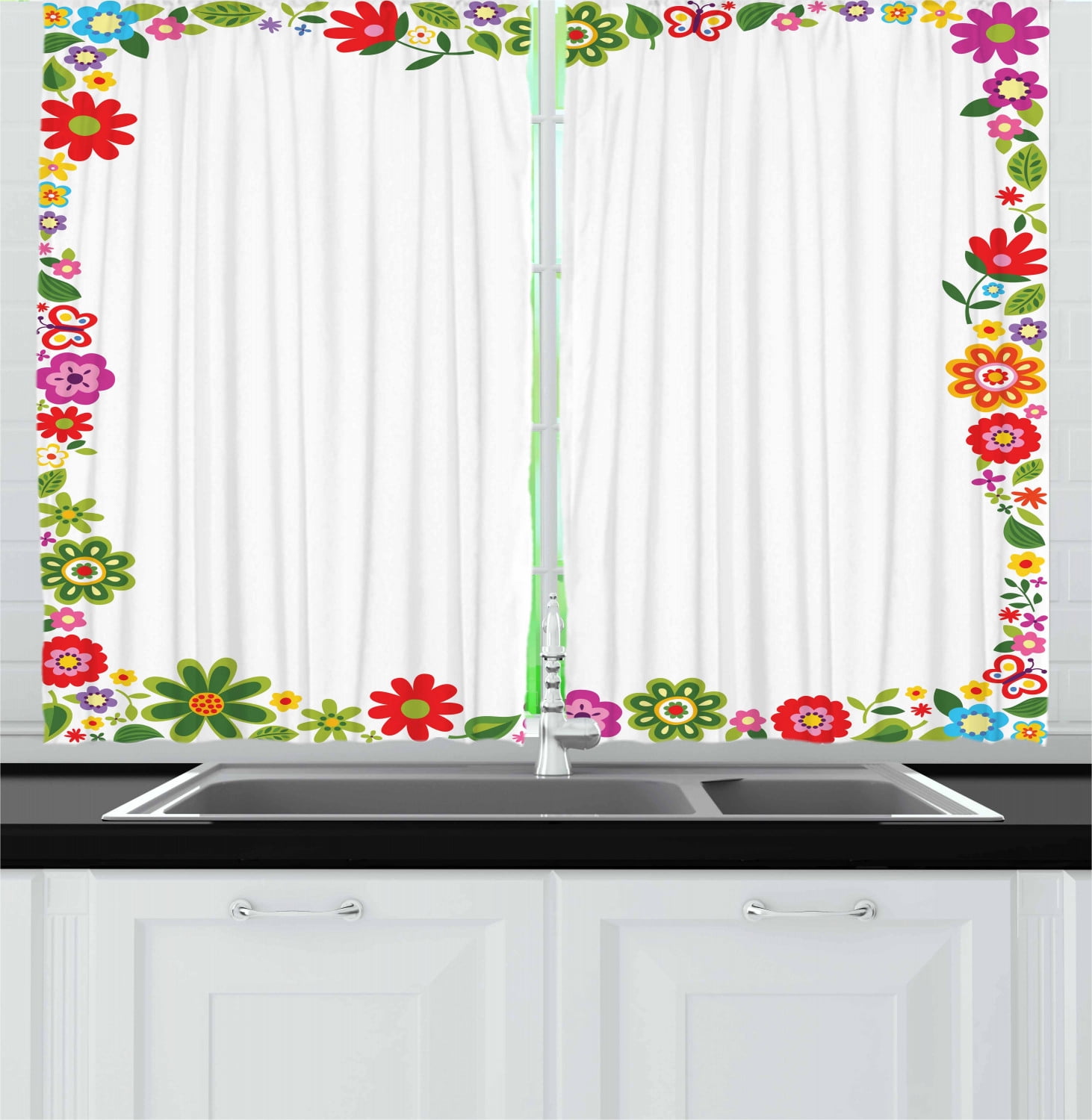 Kids Party Curtains 2 Panels Set, Flourishing Flowers Border Ornaments ...