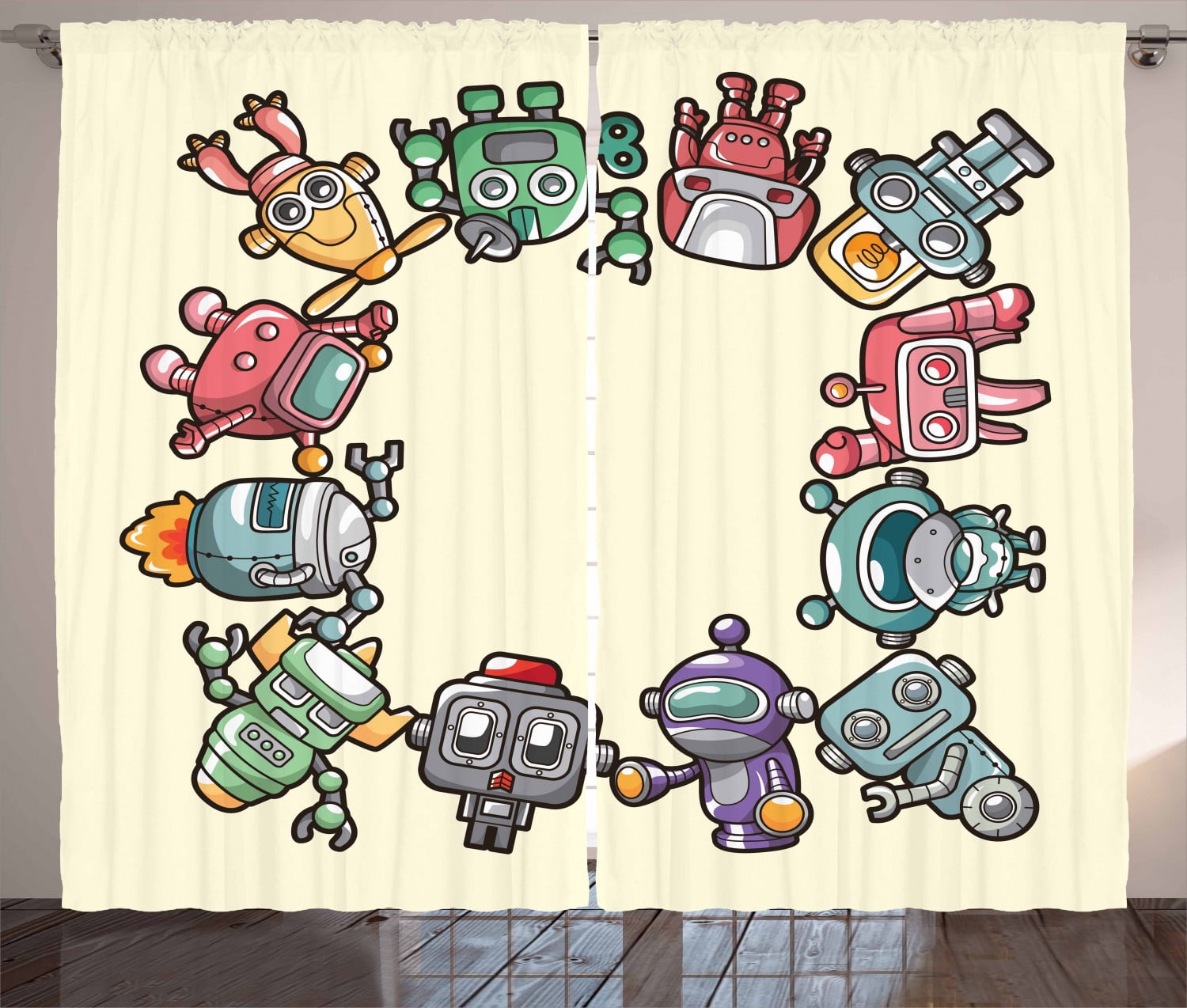 Ambesonne Party Curtains 2 Panel Set, Friendly Robots, 108" x 108 ...