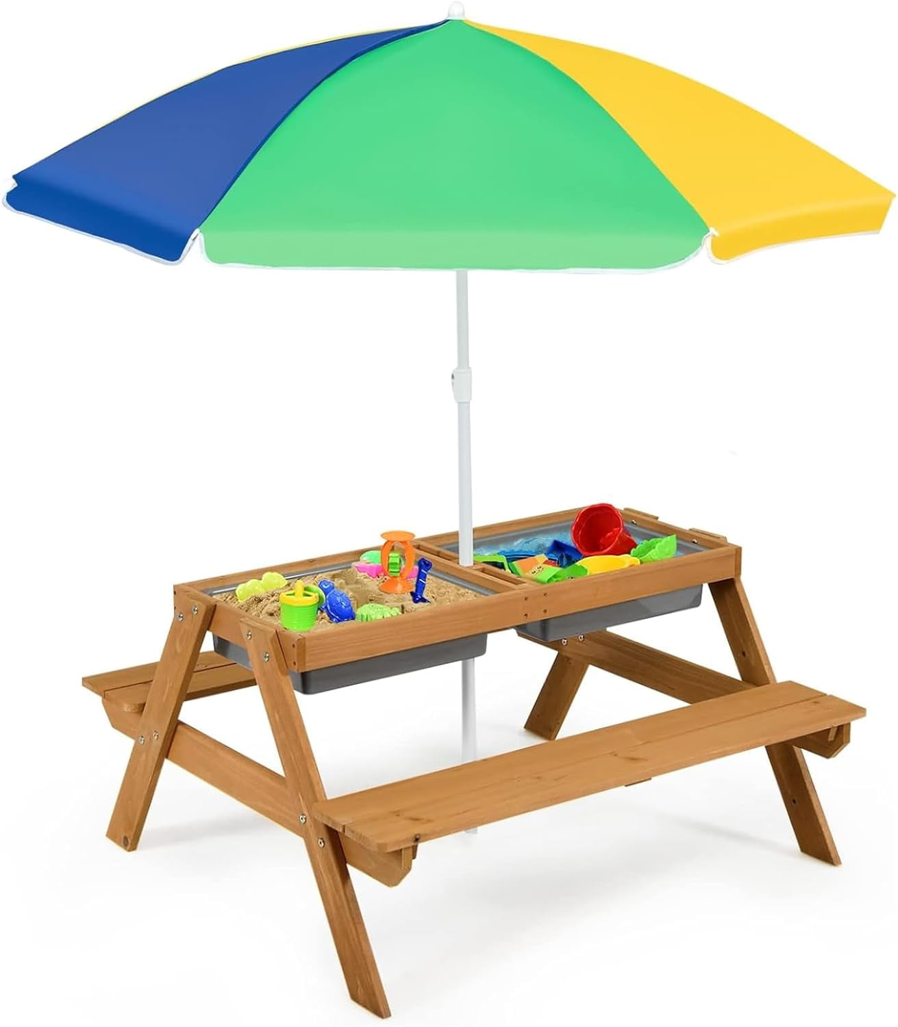 Kids Picnic Table, 4 in 1 Cedar Wooden Sand & Water Table w/ 2 ...