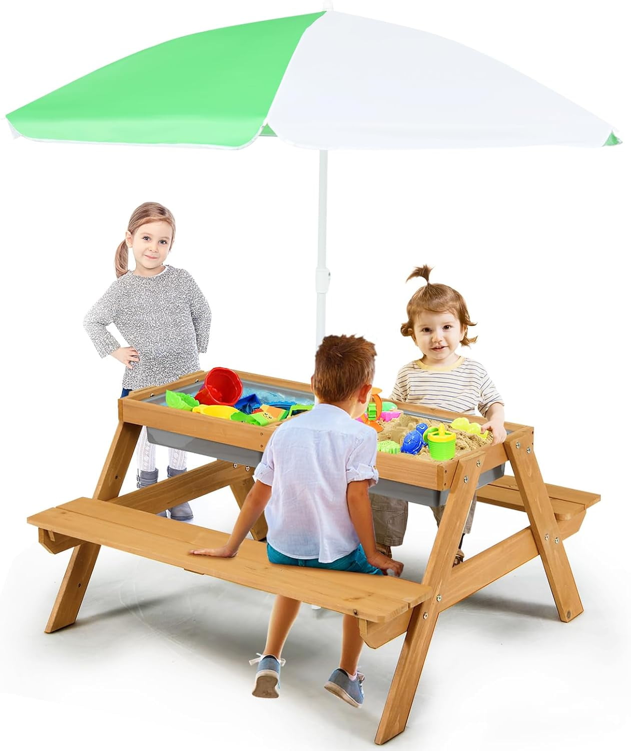 Kids Picnic Table, 4 in 1 Convertible Sand & Water Table with 2 ...