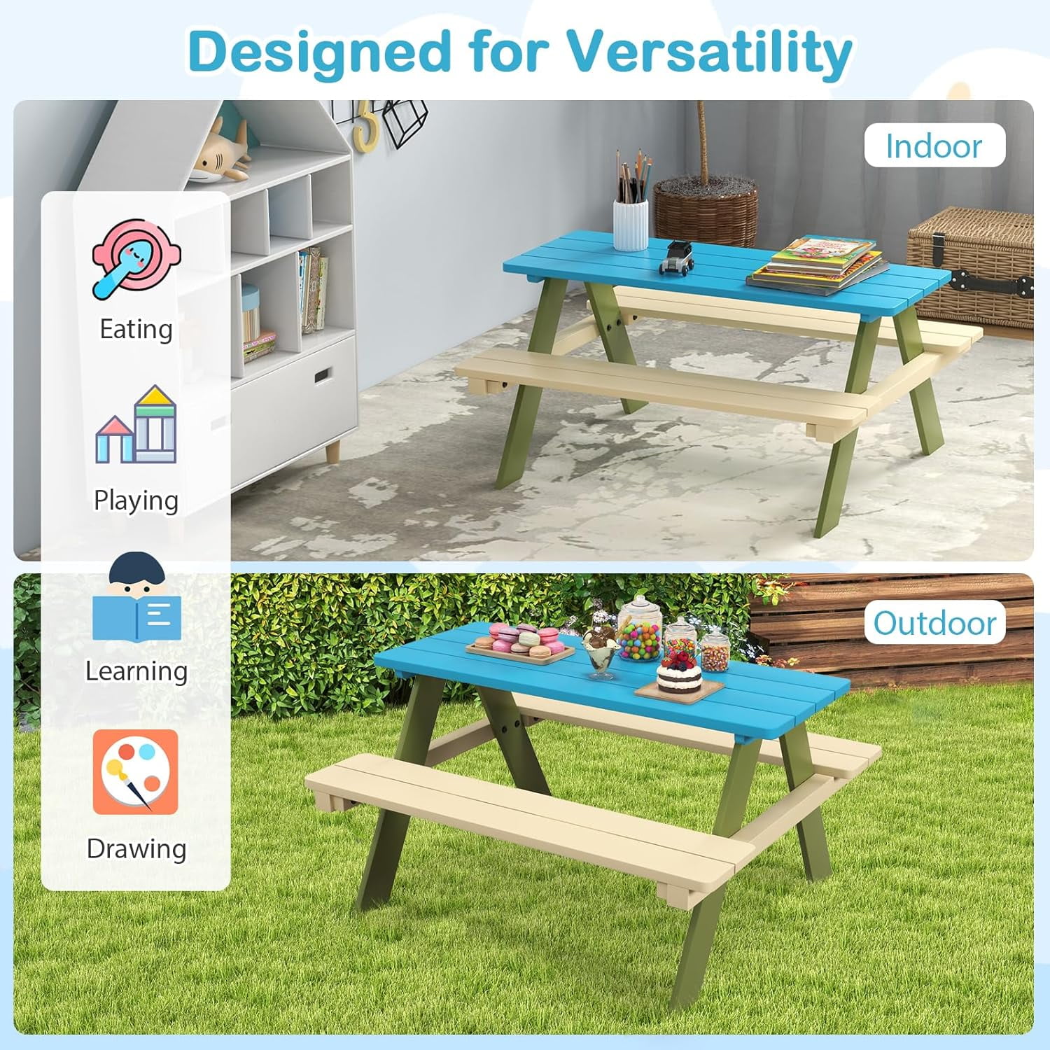Kids Picnic Table, Acacia Wood Kids Outdoor Table with Benches, Toddler ...
