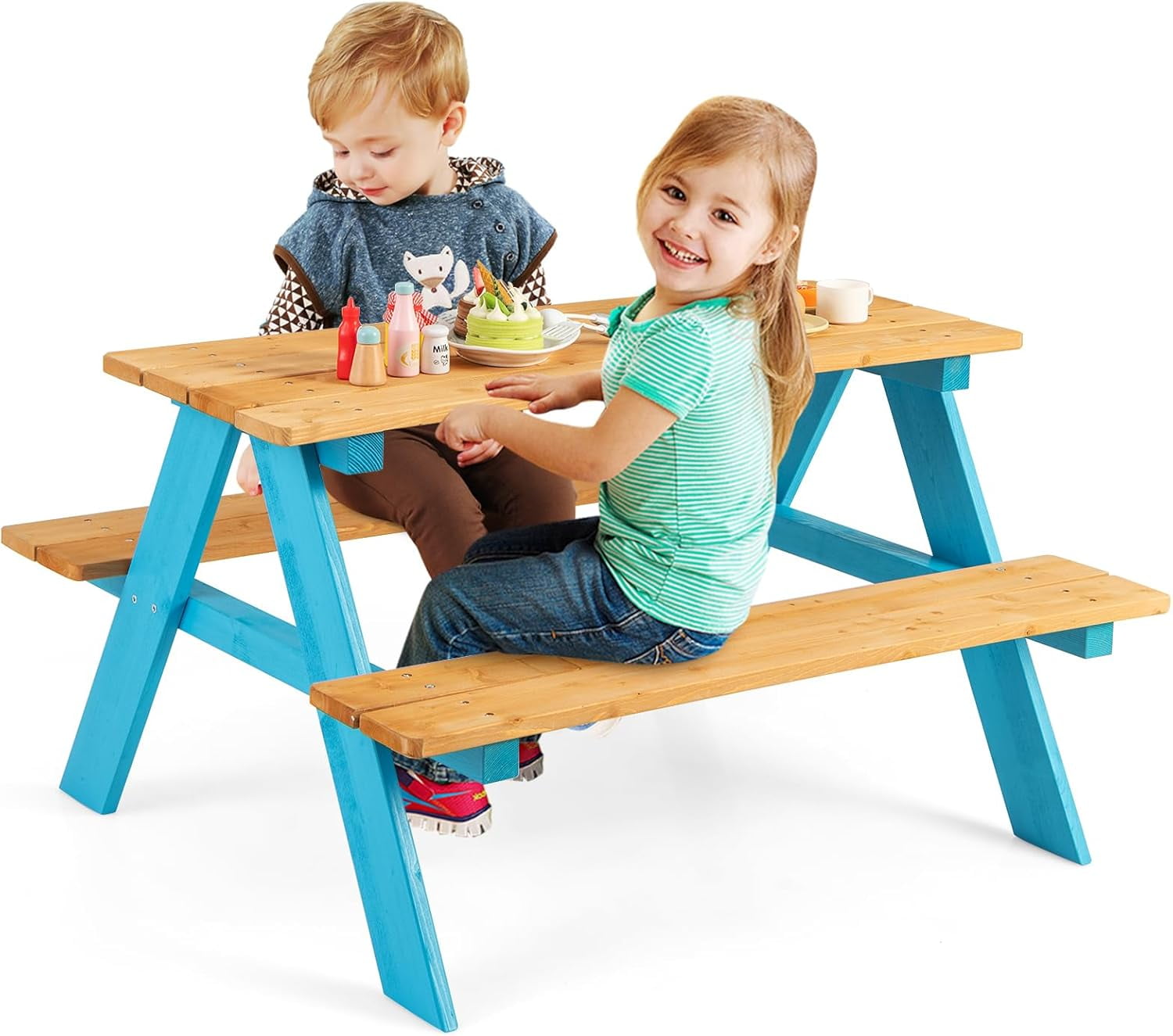 Kids Picnic Table, Fir Wood Children’s Activity Table with Benches ...