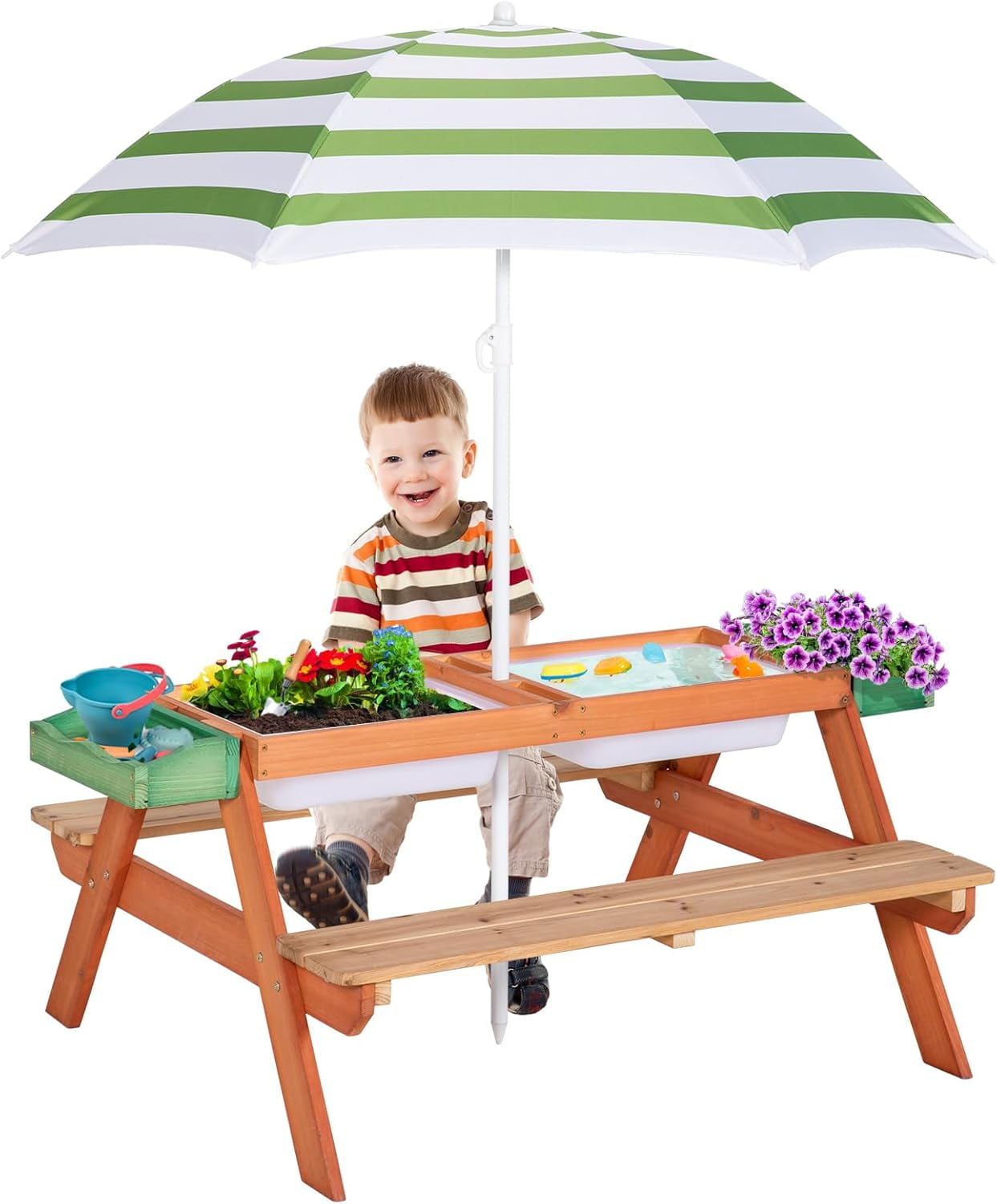 Kids Picnic Table, Outdoor Wooden Table w/Adjustable Umbrella & Garden ...