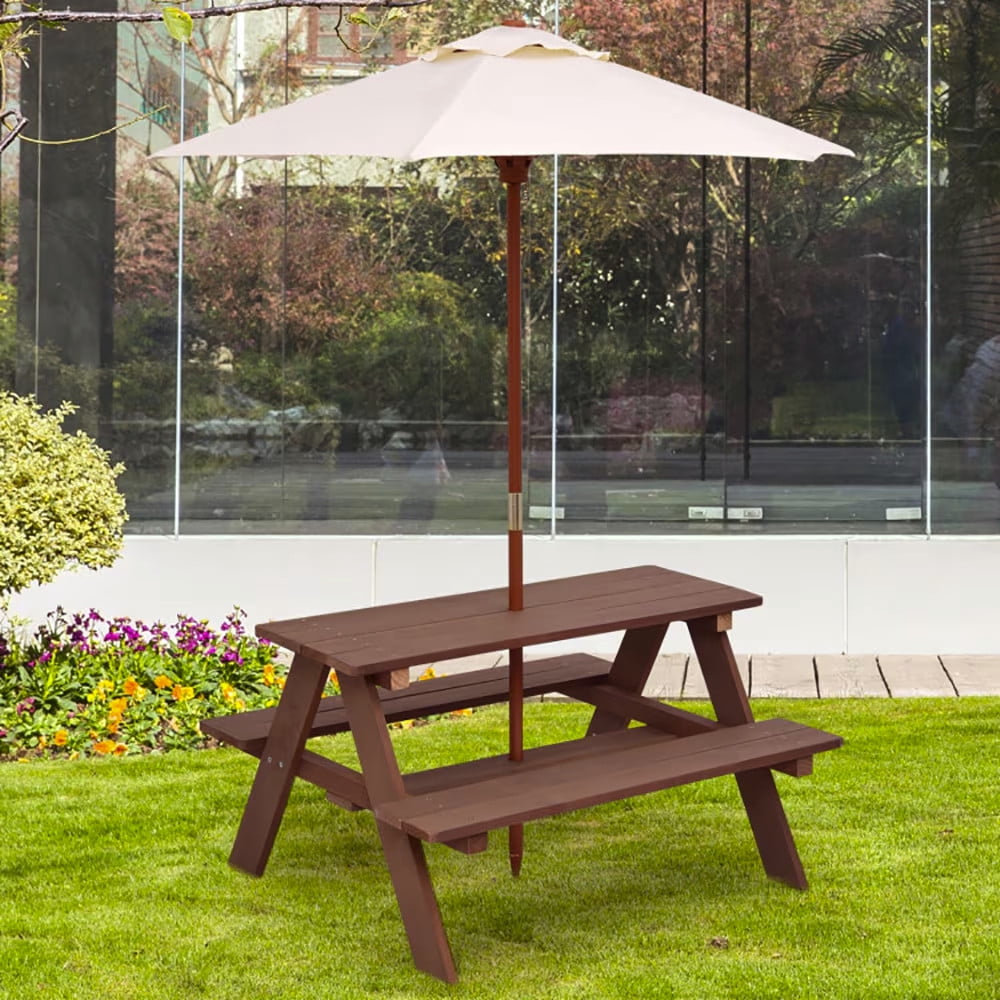 Kids Picnic Table Set, Outdoor Children Table with Umbrella, Foldable ...