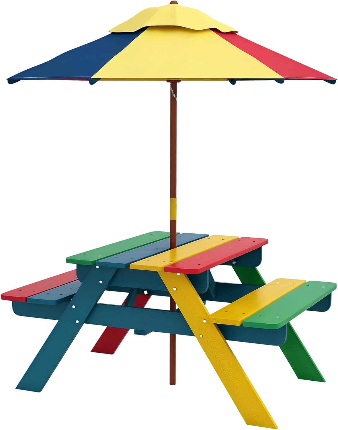 Kids Picnic Table Set with Parasol, Wooden Outdoor Bench Set with ...