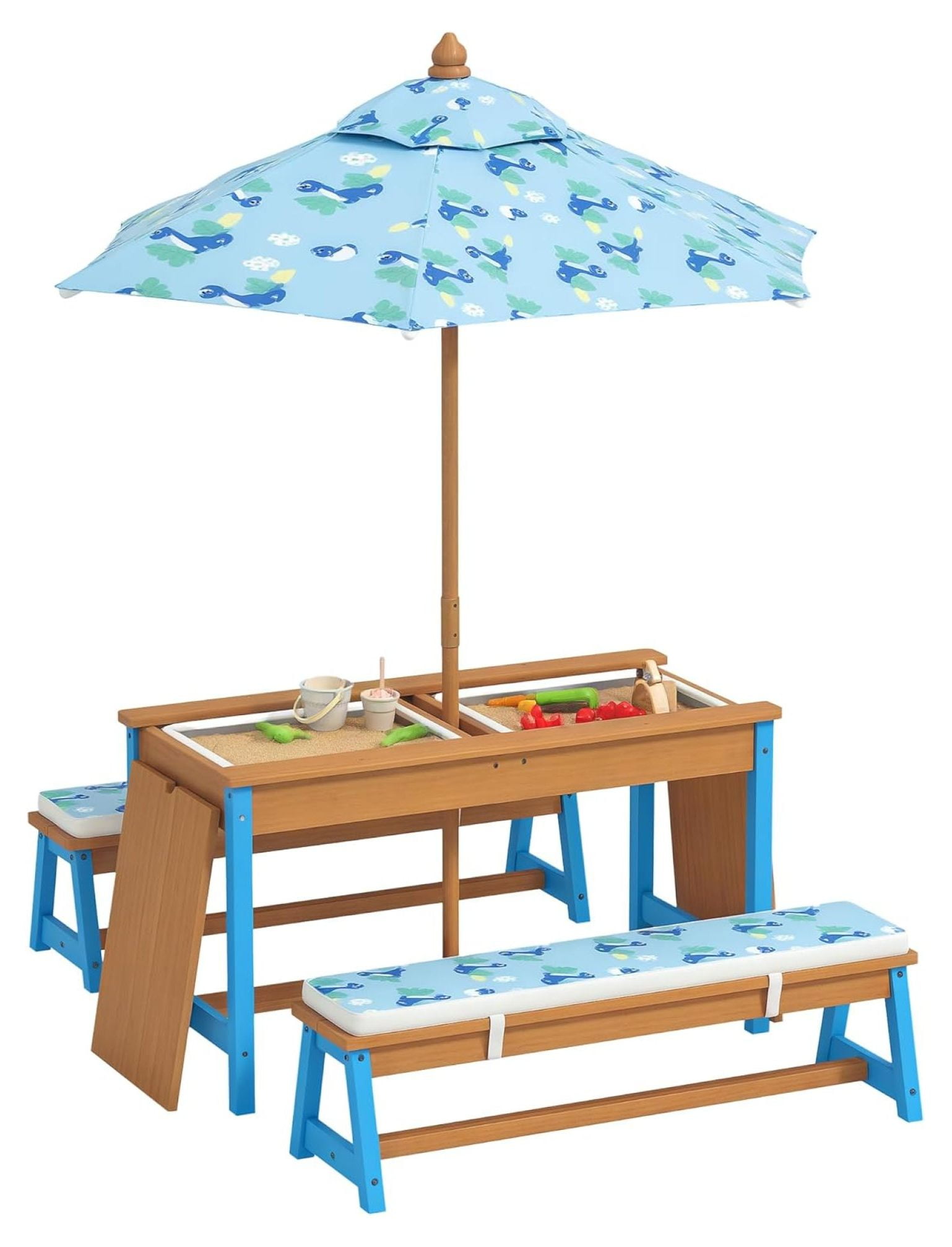 Kids Picnic Table Set with Umbrella - Dinosaur Theme Wooden Outdoor ...