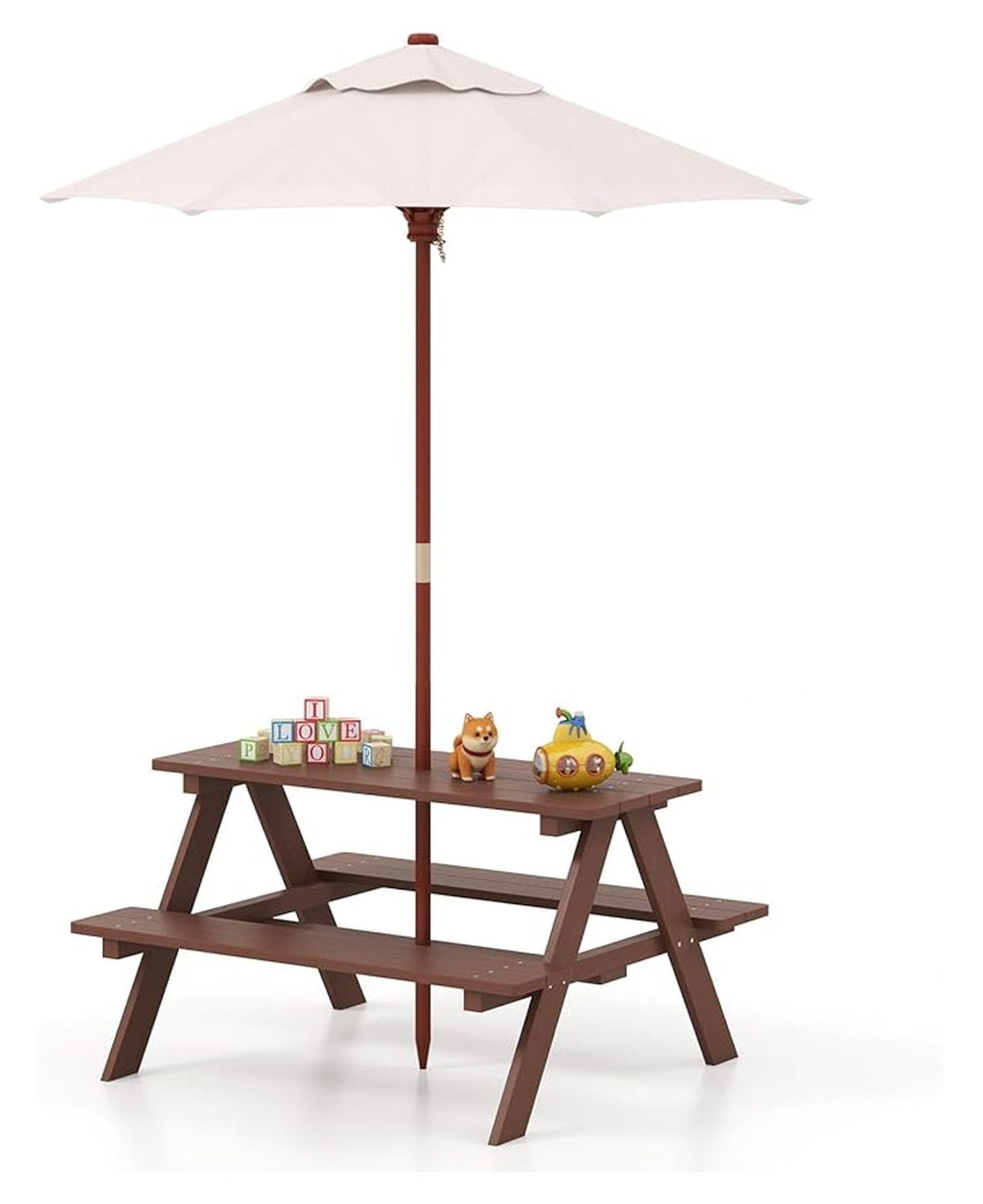 Kids Picnic Table with Umbrella Foldable, Wooden Kids Table & Benches ...