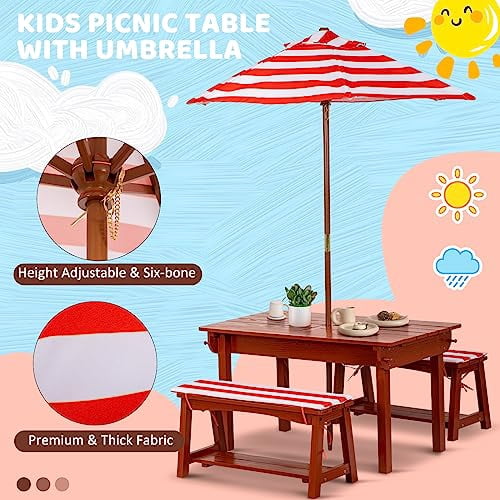 Kids Picnic Table with Umbrella, Outdoor Wooden Table & Set w/Cushions ...