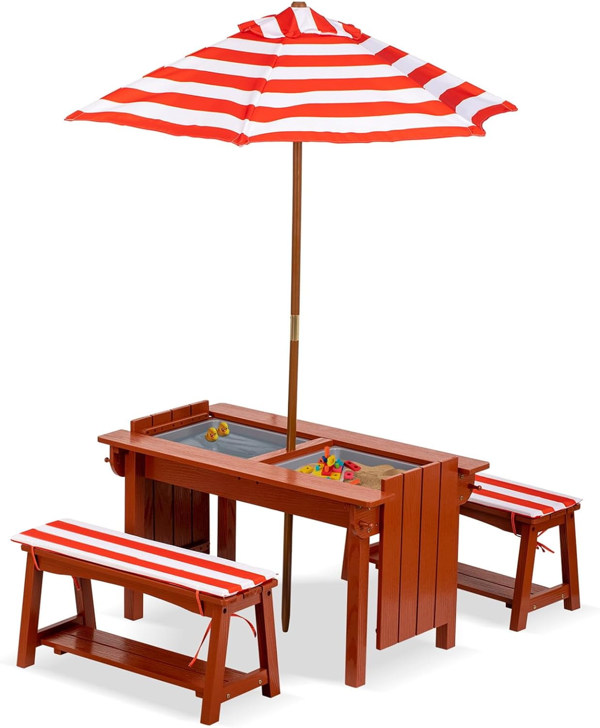Kids Picnic Table with Umbrella, Outdoor Wooden Table & Set w/Cushions ...