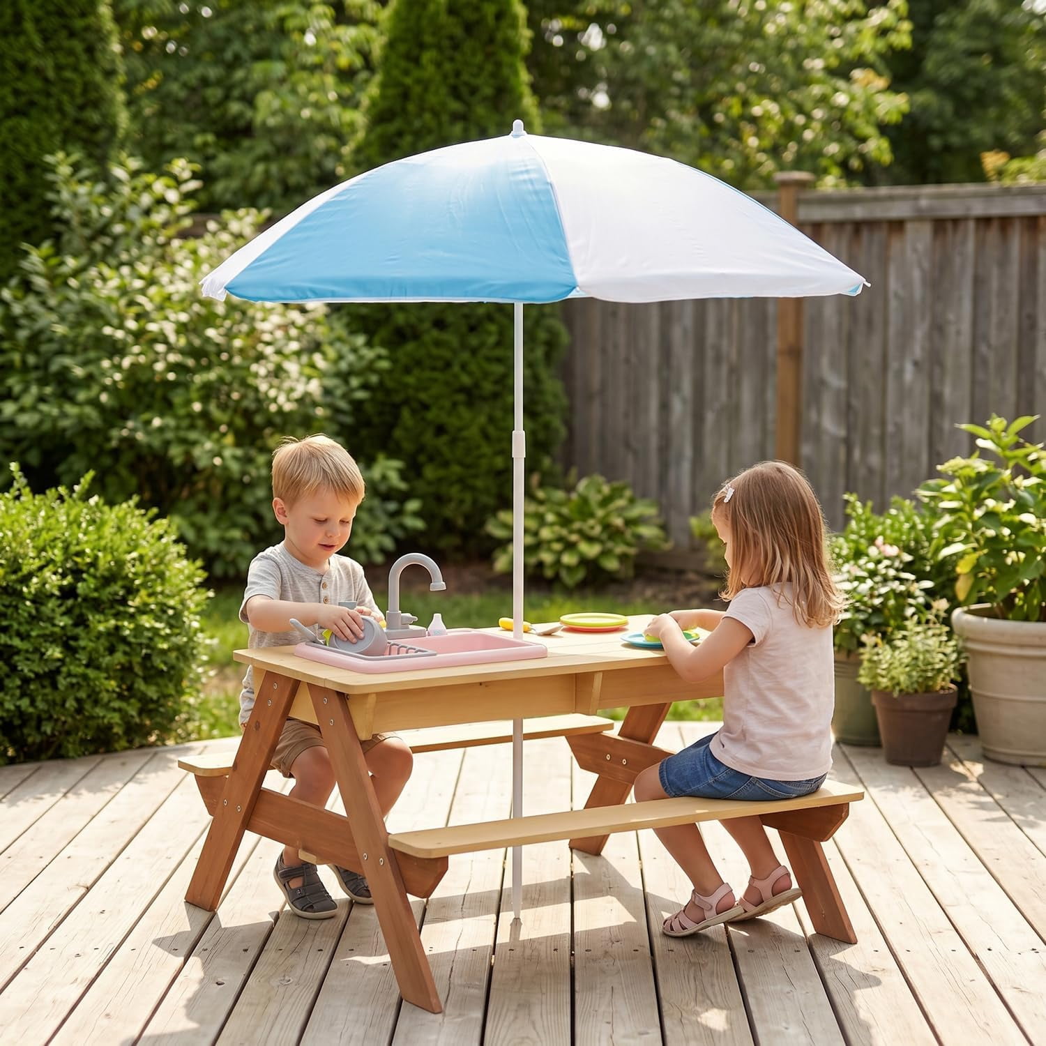 Kids Picnic Table with Umbrella, Wooden Sand and Water Table with ...