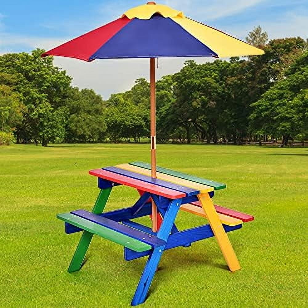 Kids Picnic Table, Wooden Outdoor Table and Bench Set with Umbrella ...