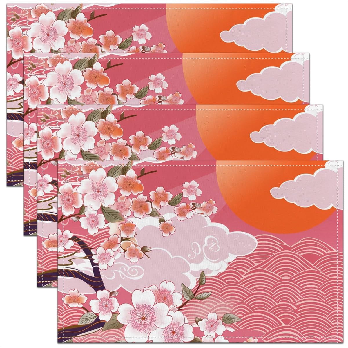 Kids Pink Cherry Blossoms Placemats Set of 4 Japanese Wave Placemat for ...
