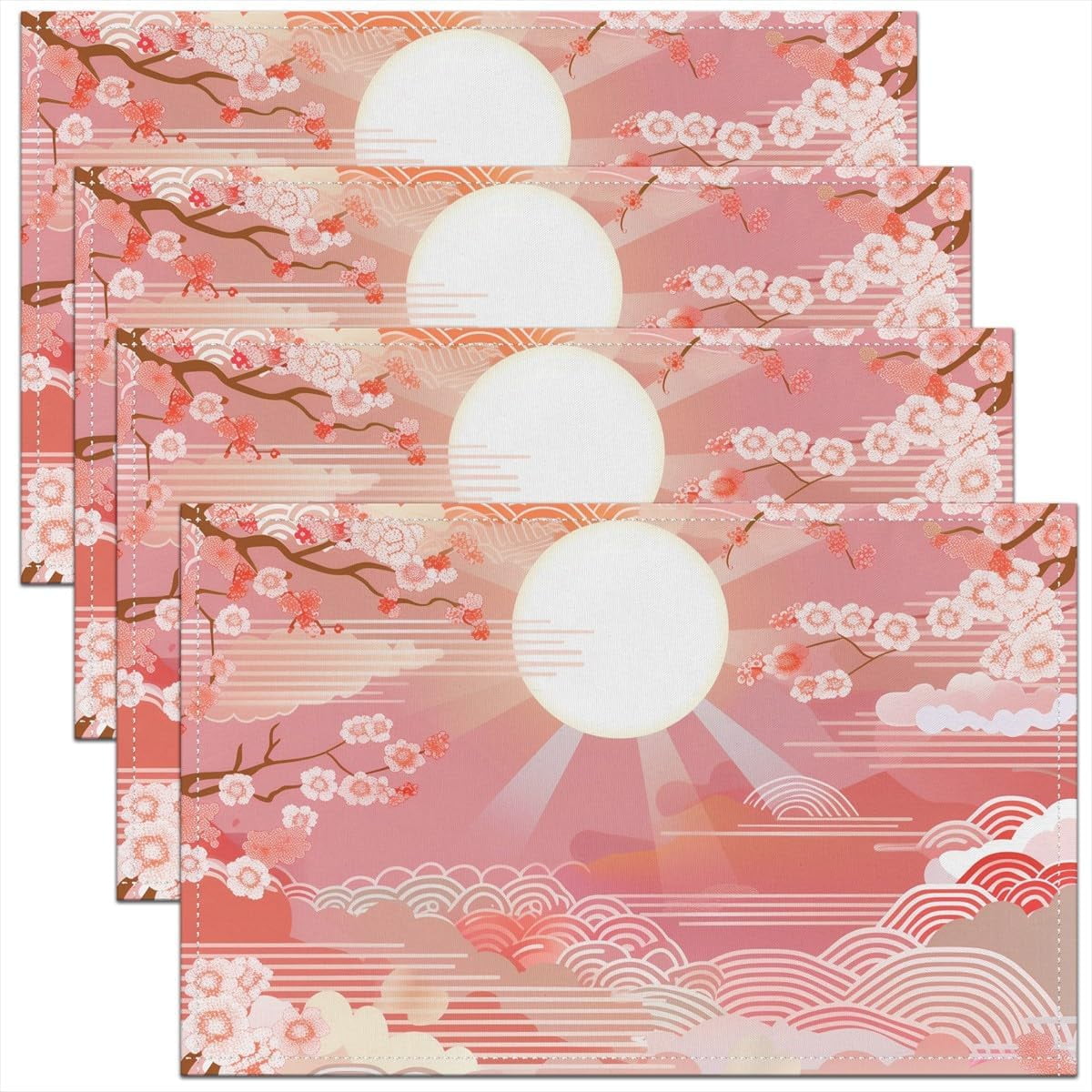 Kids Pink Cherry Blossoms Placemats Set of 4 Japanese Wave Placemat for ...