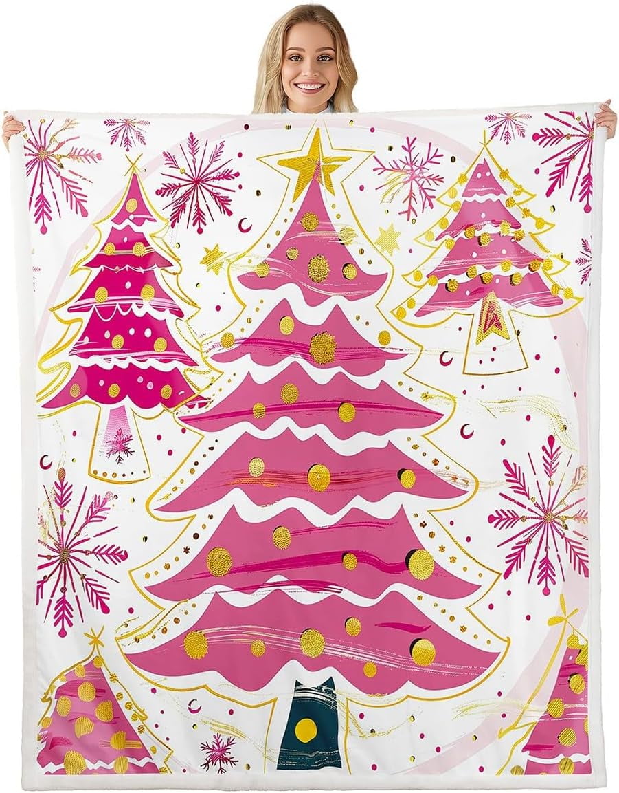 Kids Pink Merry Christmas Fleece Throw Blanket Twin 60"x80" Xmas Tree ...