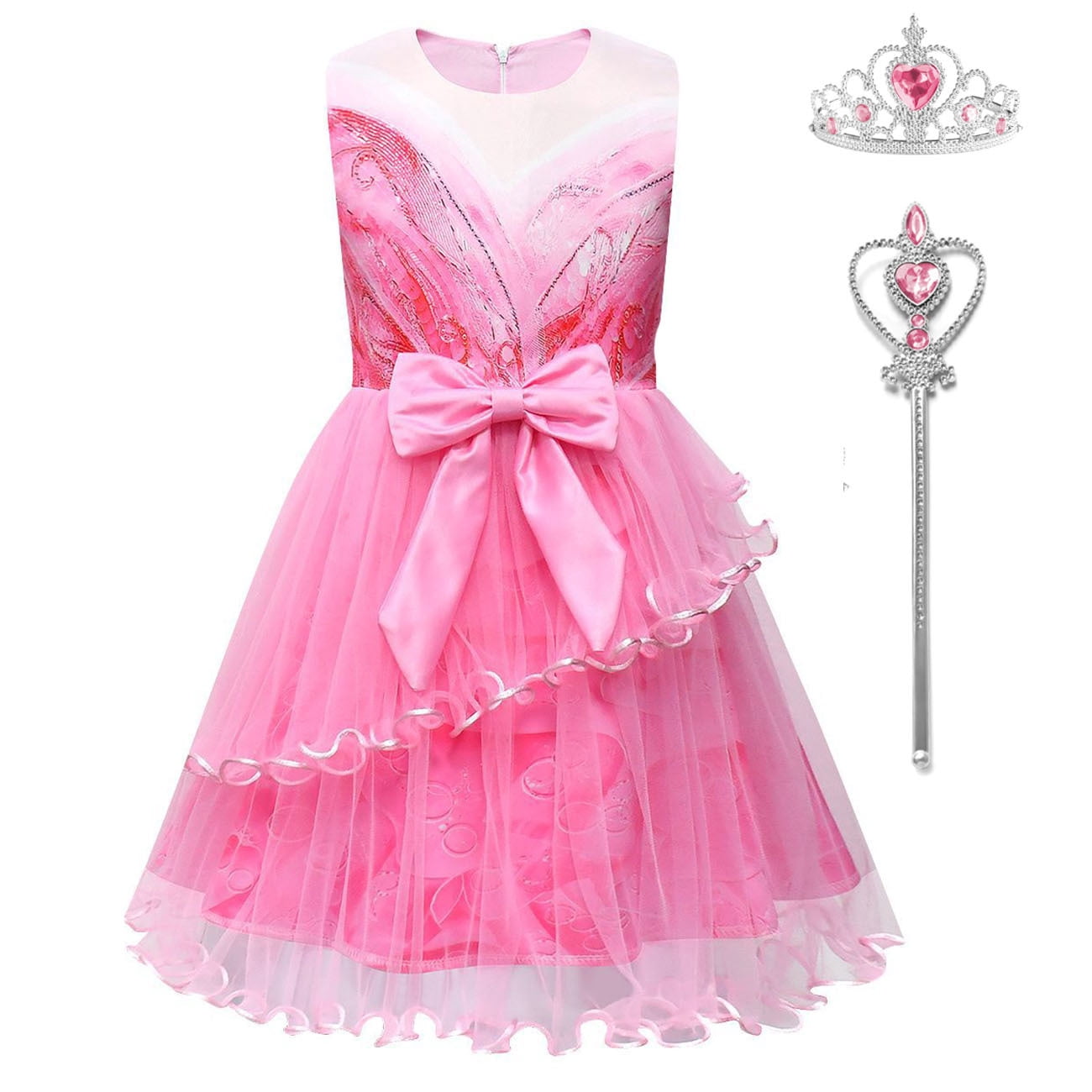 Kids Pink Witch Costume Glinda Princess Sequins Mesh Outfits with Crown ...