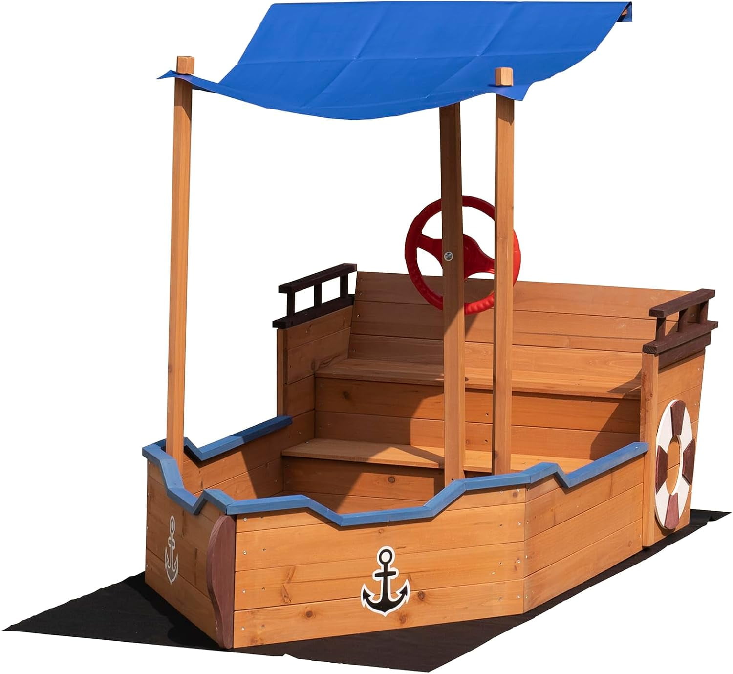 Kids Pirate Boat Wood Sandbox, Wooden Pirate Sandbox with Canopy, Bench ...
