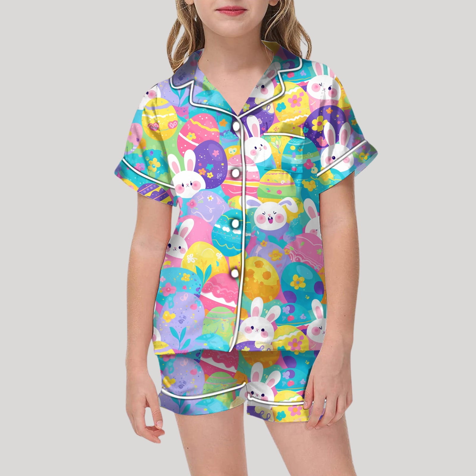 Kids Pjs Boys Easter Pajamas Cute Bunny Printed Short Sleeve Button ...