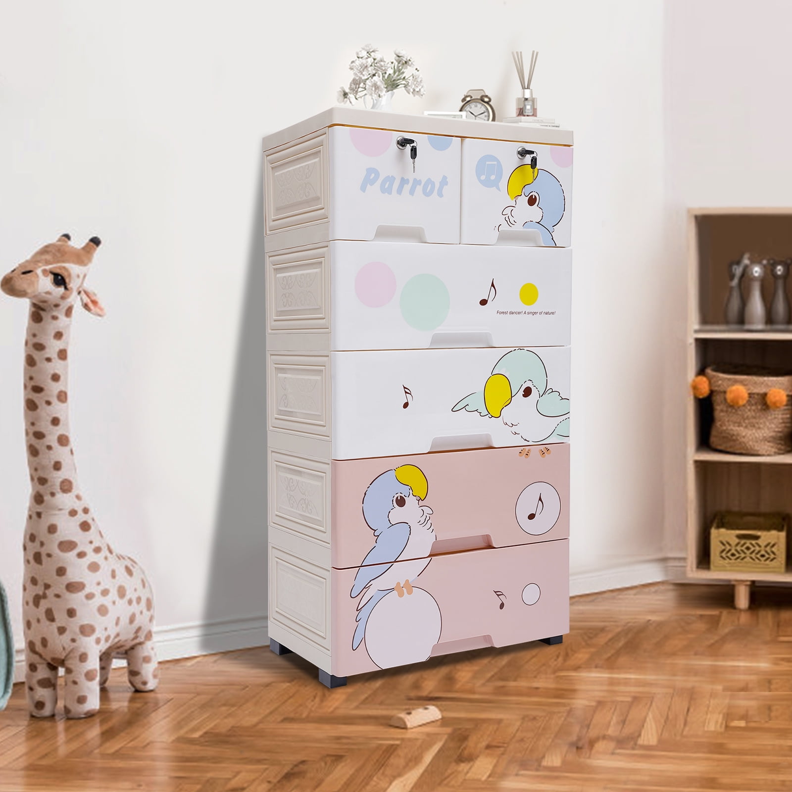 Kids Plastic Dresser with 6 Drawers, Parrot Pattern, Multi-Color ...